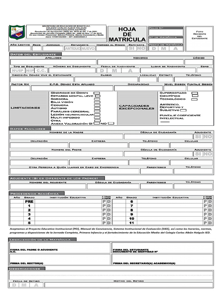 Modelo HOJA DE MATRICULA | PDF | Educación de la primera infancia | Plan de estudios