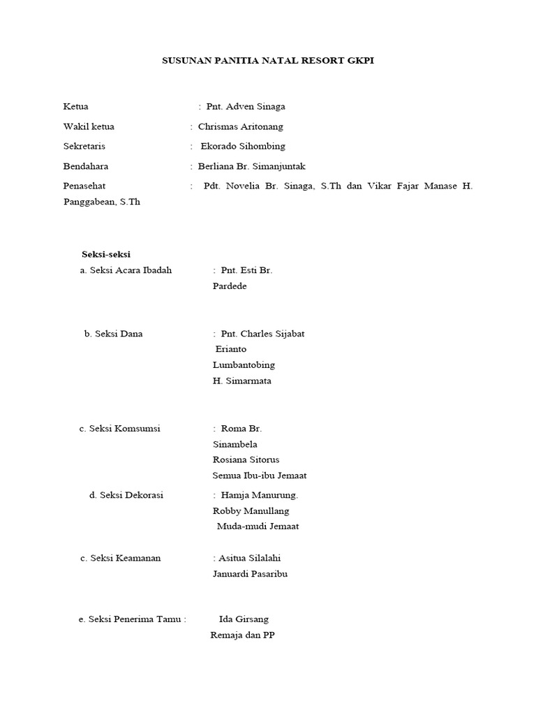 Susunan Panitia Natal Resort Gkpi (2023) | PDF