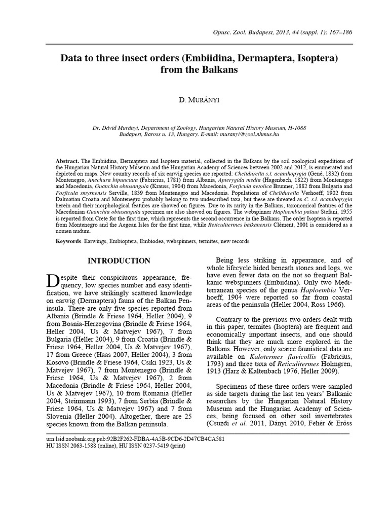 Data To Three Insect Orders Embiidina, Dermaptera, Isoptera From The ...