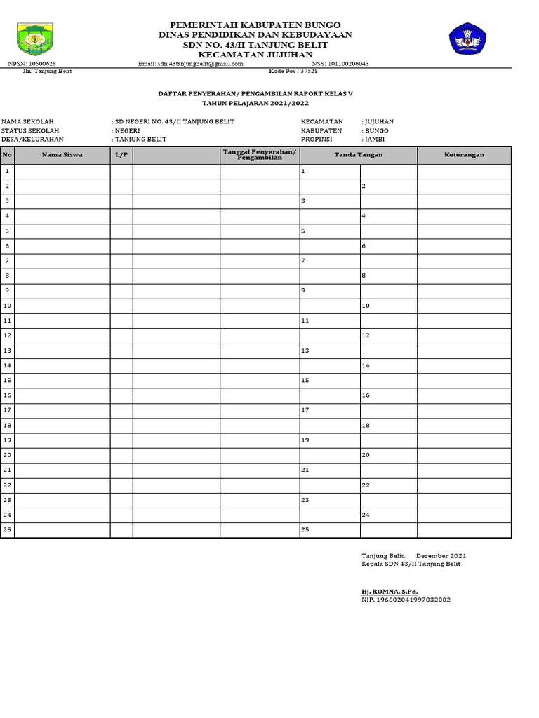 Daftar Penyerahan Raport | PDF