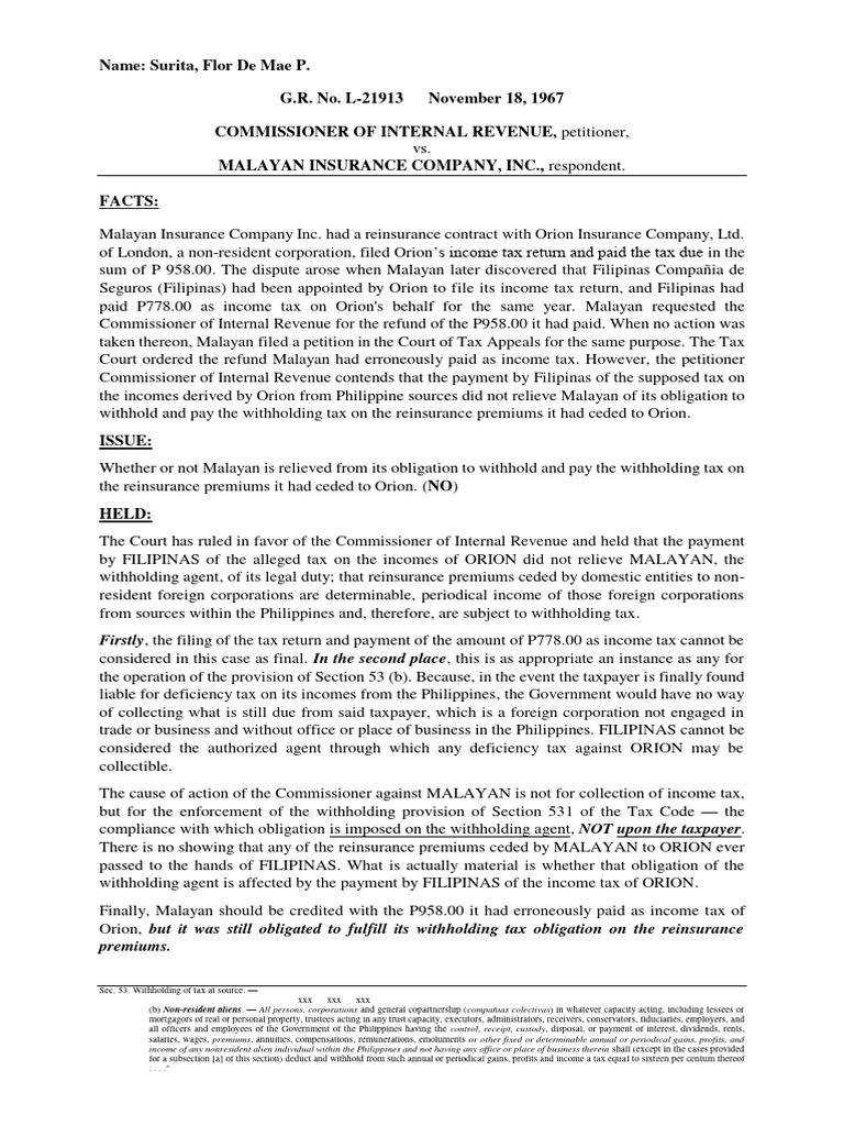 Commissioner vs. Malayan Insurance, 21 SCRA 544 | PDF | Taxpayer | Taxes