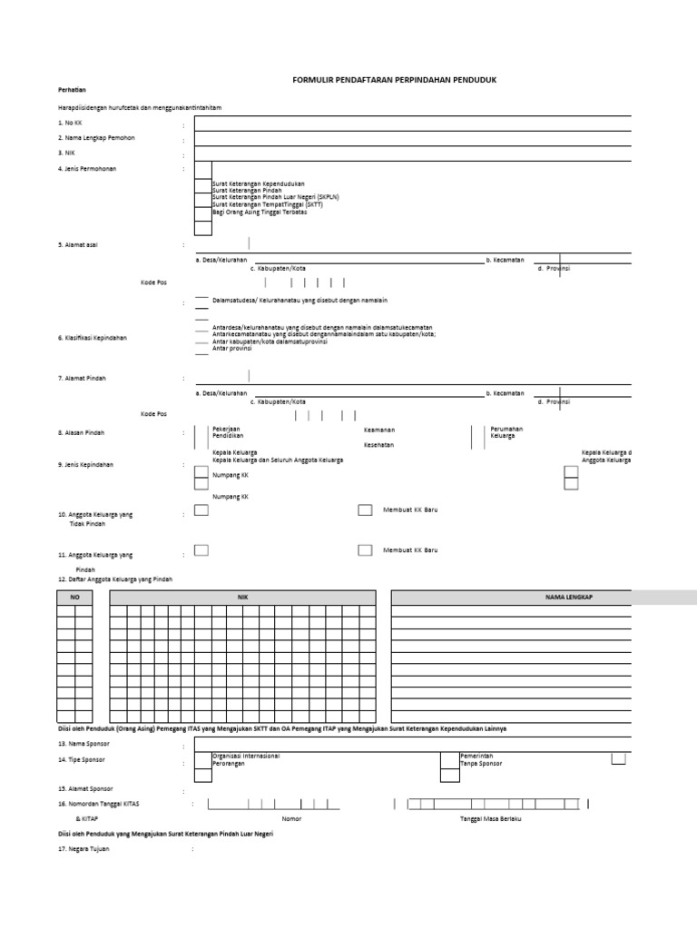Formulir Pendaftaran Perpindahan Penduduk: Perhatian | PDF