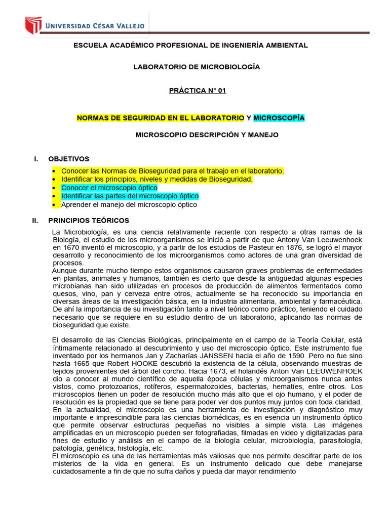 Lab. #01 Normas de Seguridad y Microscopía | Descargar gratis PDF | Microscopio | Laboratorios