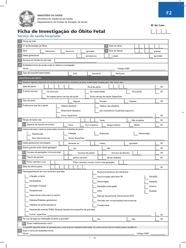F2 Ficha Investigacao Obito Fetal Servico Saude Hospitalar | PDF | Gravidez | Parto