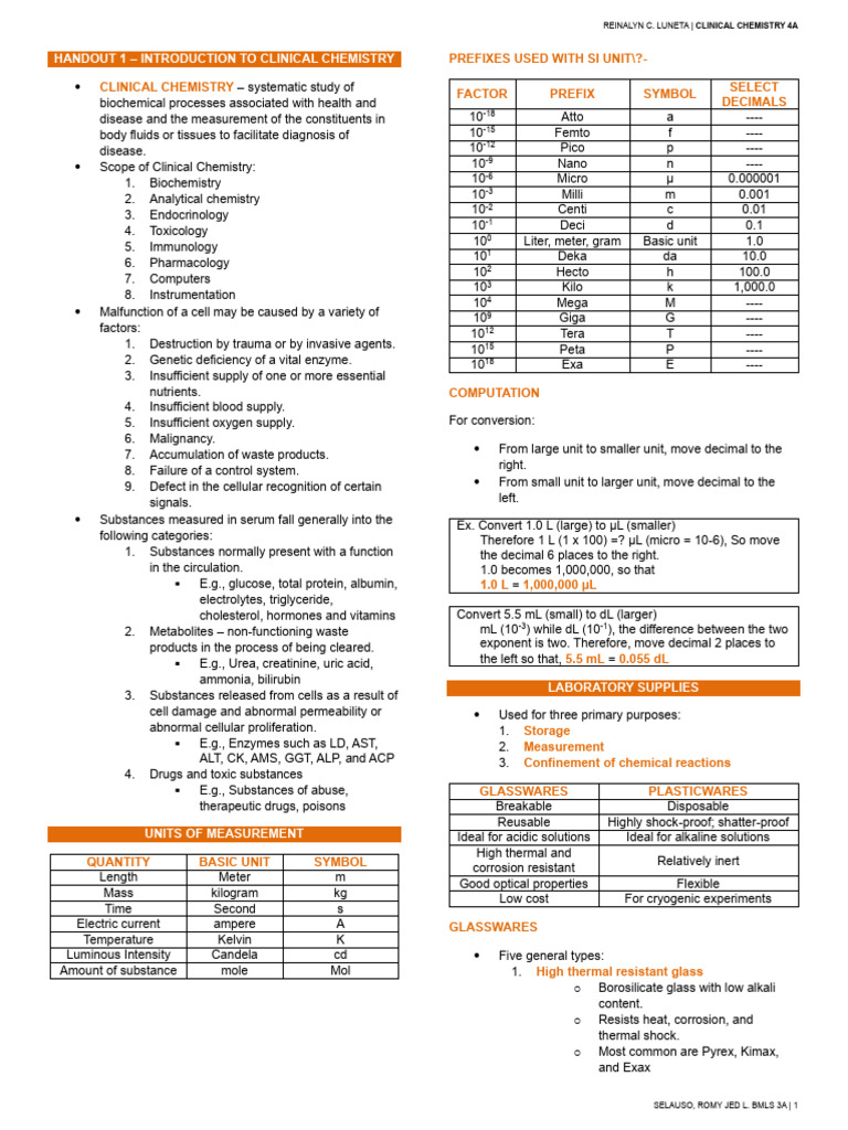 Handout 1 - Introduction To Clinical Chemistry | PDF
