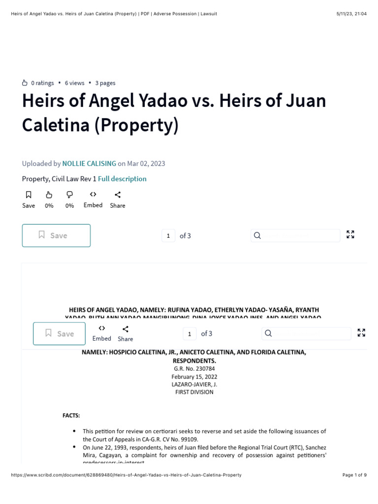 Yadao vs. Caletina: Property Dispute | PDF | Private Law | Common Law