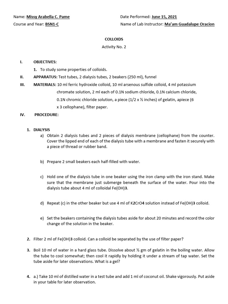 experiment No. 2 COLLOID | PDF