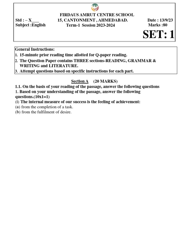 Set1 (Answer? English) std10 | PDF