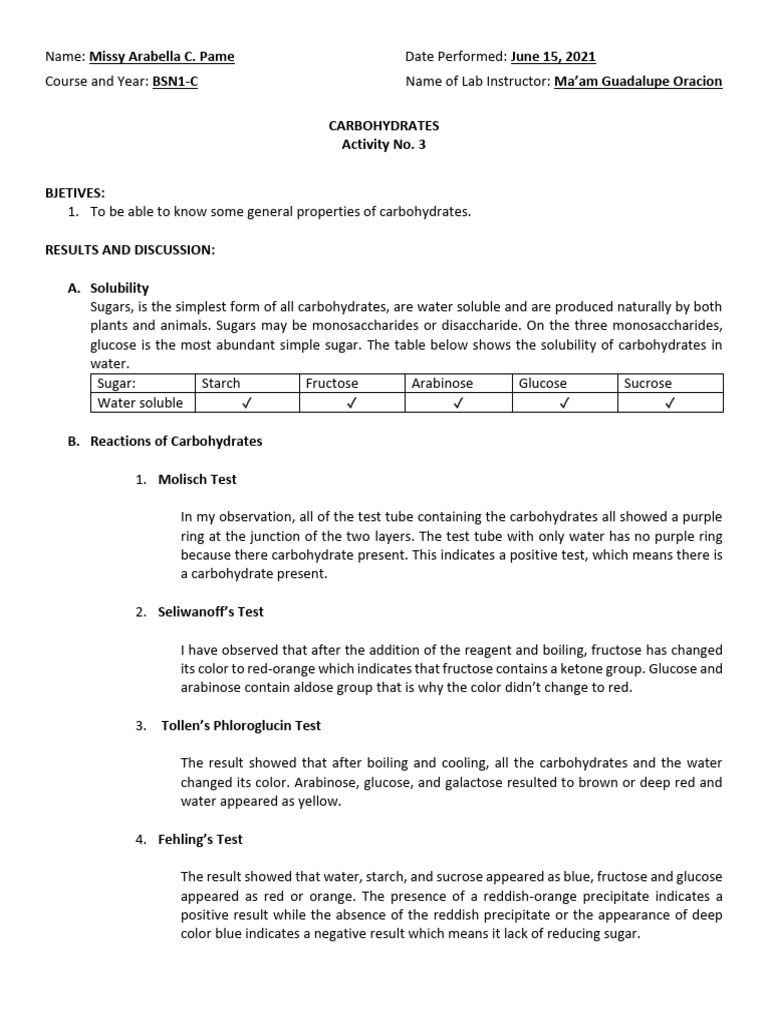 Carbohydrate Properties and Tests Analysis | PDF | Carbohydrates | Glucose