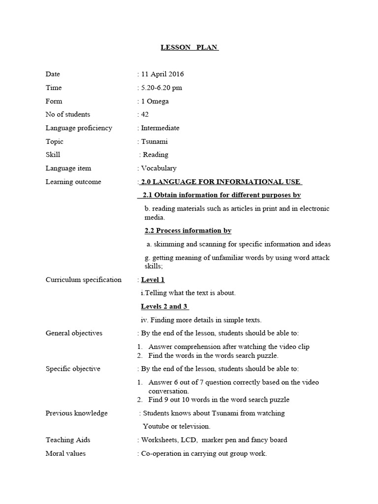 Lesson Plan For Tsunami | PDF | Reading Comprehension | Teachers