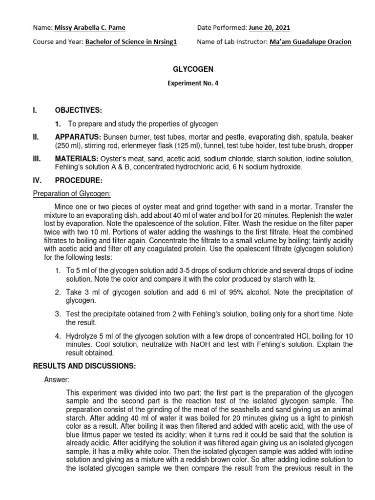 Experiment No. 4 GLYCOGEN | PDF | Starch | Hydrolysis