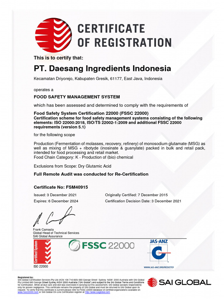 Certificate FSSC MSG | PDF