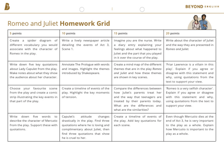 Romeo and Juliet Homework Grid | PDF | Romeo And Juliet | Characters In ...