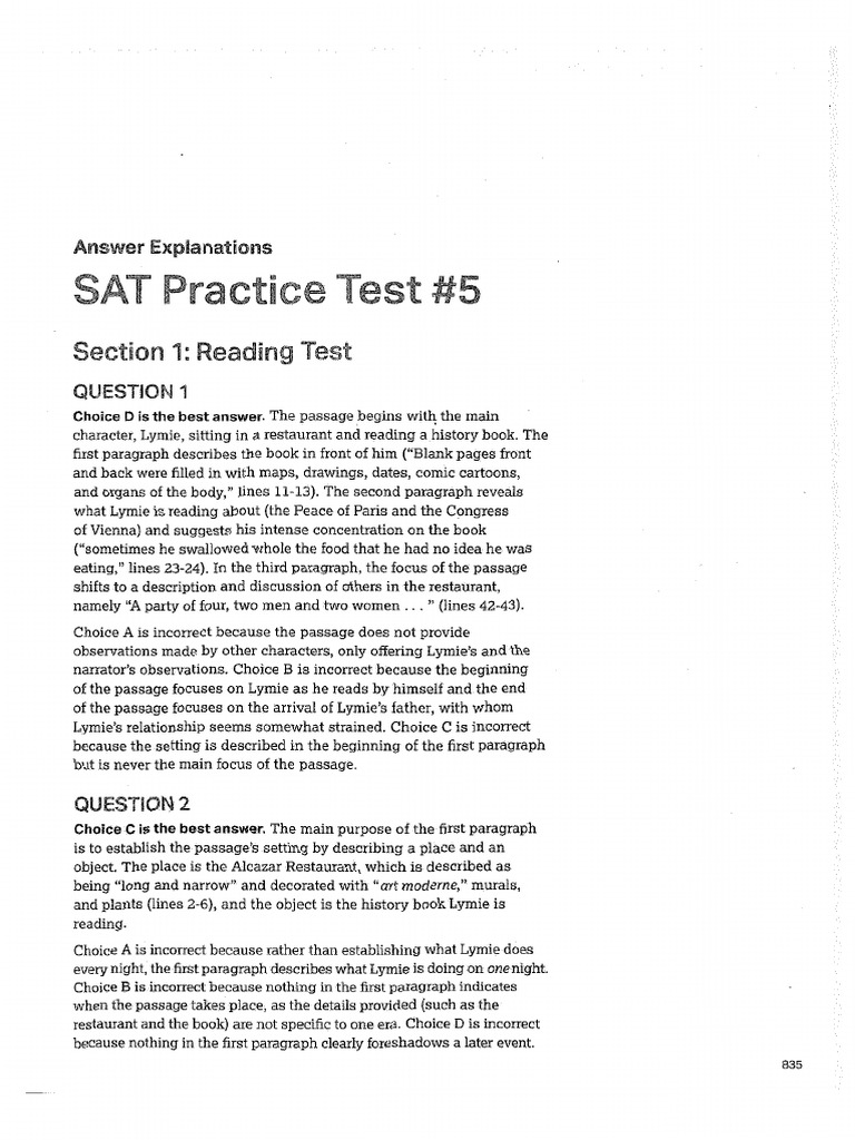 Practice Test 5 Official - SAT - 2018 Reading Answers & Explanation | PDF