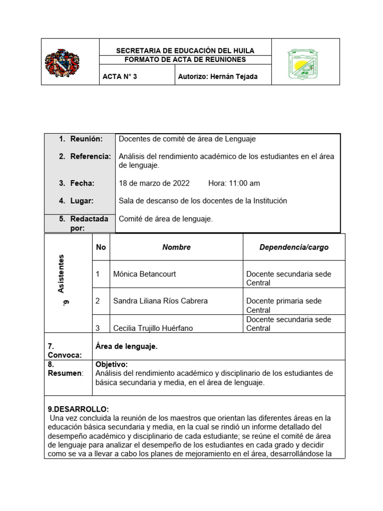 Acta 3 Reunión Comite de Area de Lenguaje | PDF