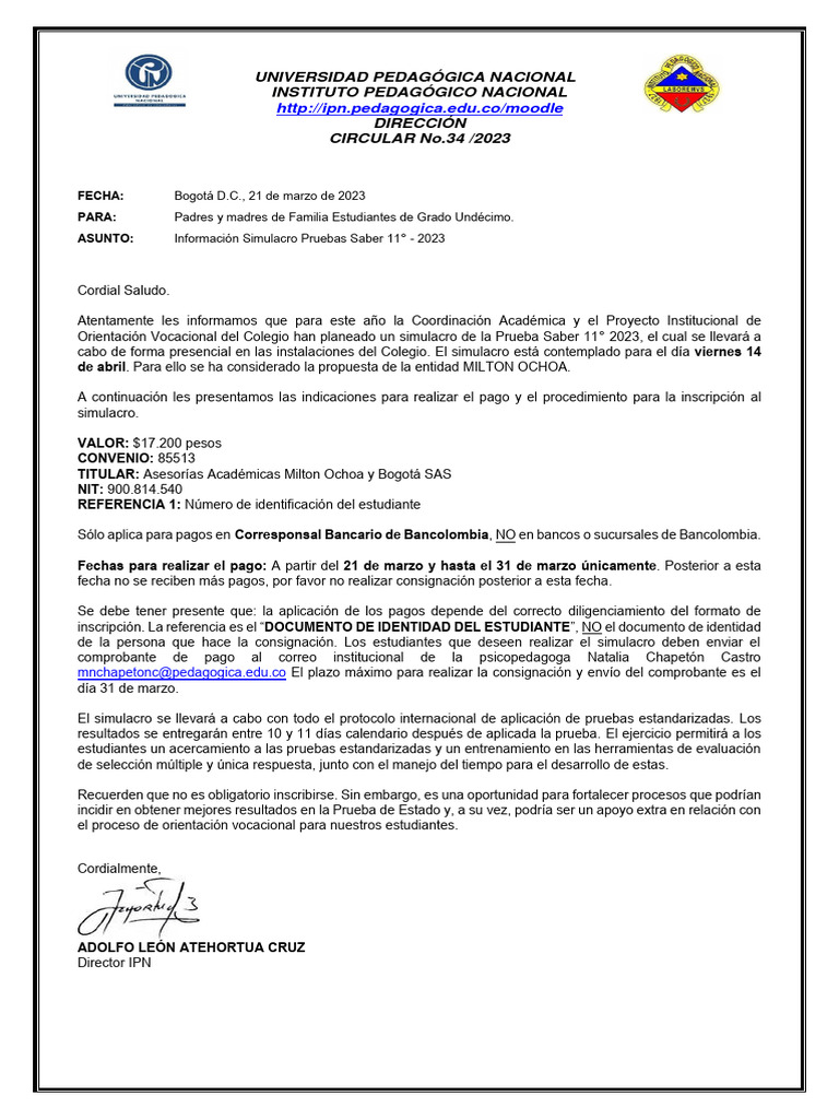Circular #34 21032023 Informacion Simulacro Pruebas Saber 11° 202 2 | PDF