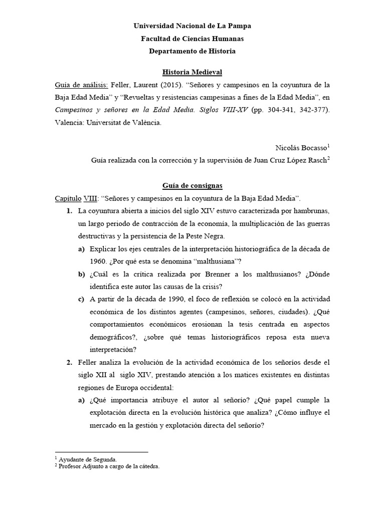 Guia de Lectura Feller-Capítulos VIII y IX-Unidad V | PDF | Edades medias | Campesino