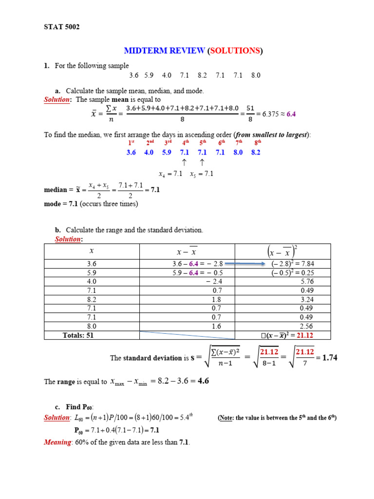 STAT5002 Midterm Review Solutions N | PDF | Descriptive Statistics | Probability And Statistics