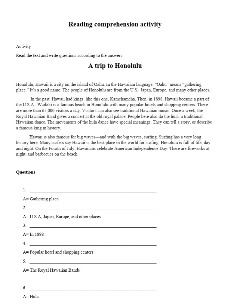 Reading Comprehension - A Trip To Honolulu | PDF | Social Science | Travel