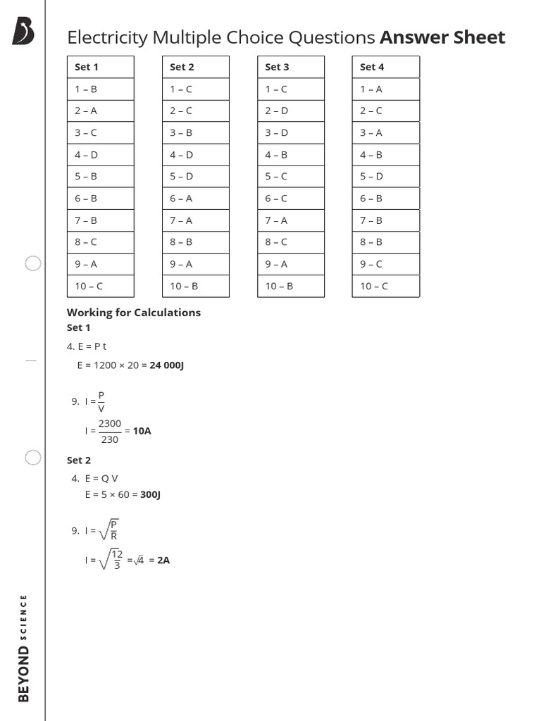 Electricity MCQ Answer Key | PDF | Teaching Methods & Materials