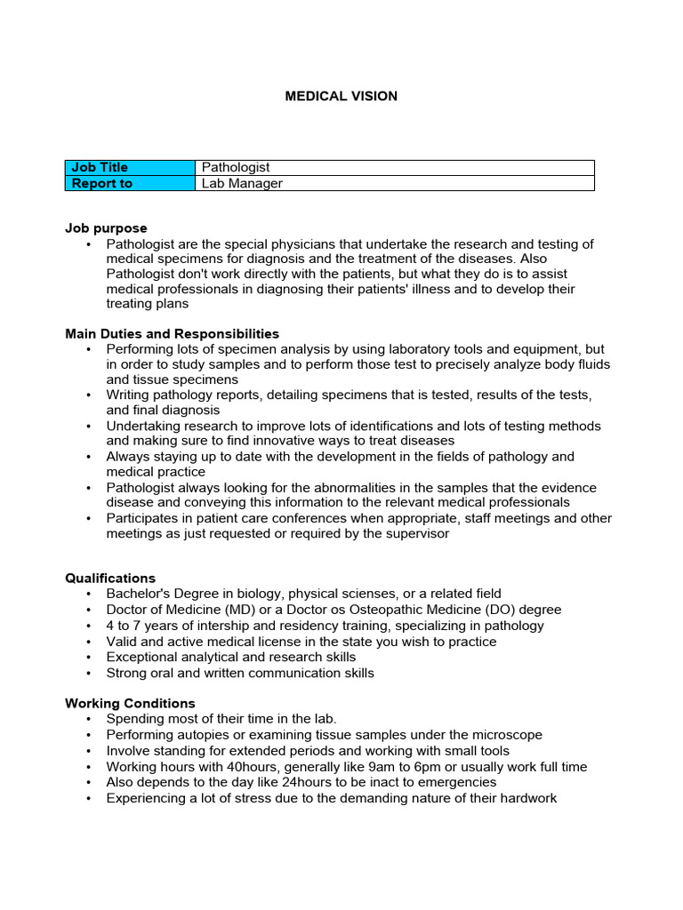 Job Description Pathologist | PDF | Pathology | Medical Laboratory