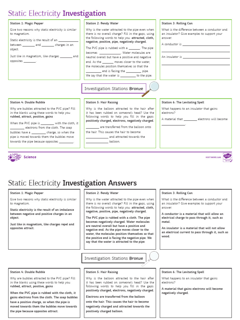 Static Electricity Investigation Activity Sheet Bronze | PDF