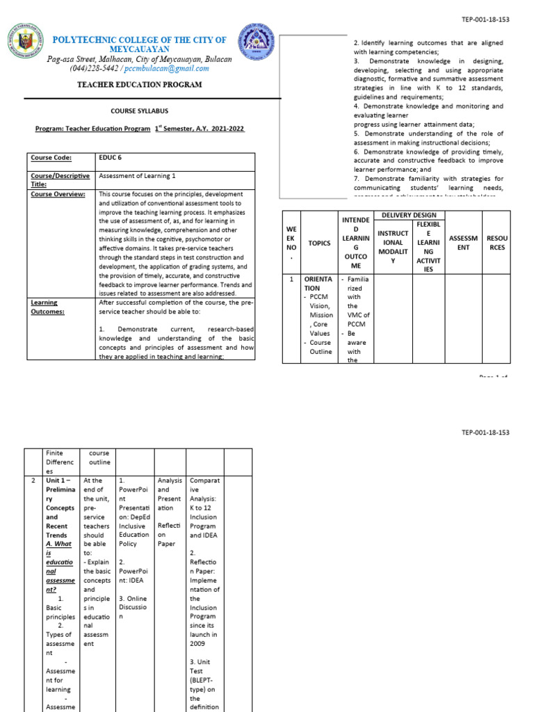 Course Syllabus EDUC 6 | PDF | Educational Assessment | Learning