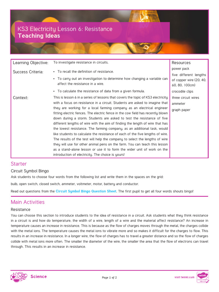 Electricity Lesson 6 Resistance Teaching Ideas | PDF | Electrical ...