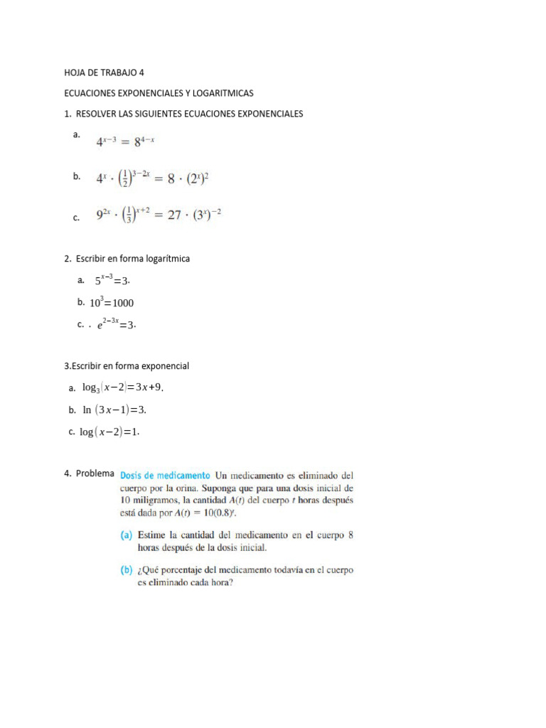HOJA DE TRABAJO 4. Ecuaciones Exponenciales y Conversiones Log A Expo y Viceversa Problema | PDF