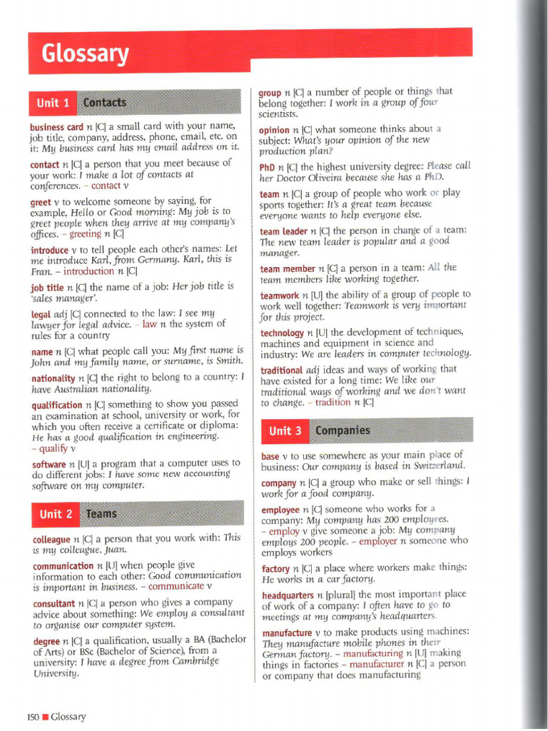 Glossary Business English Basic Unit 1 2 and 3 | PDF