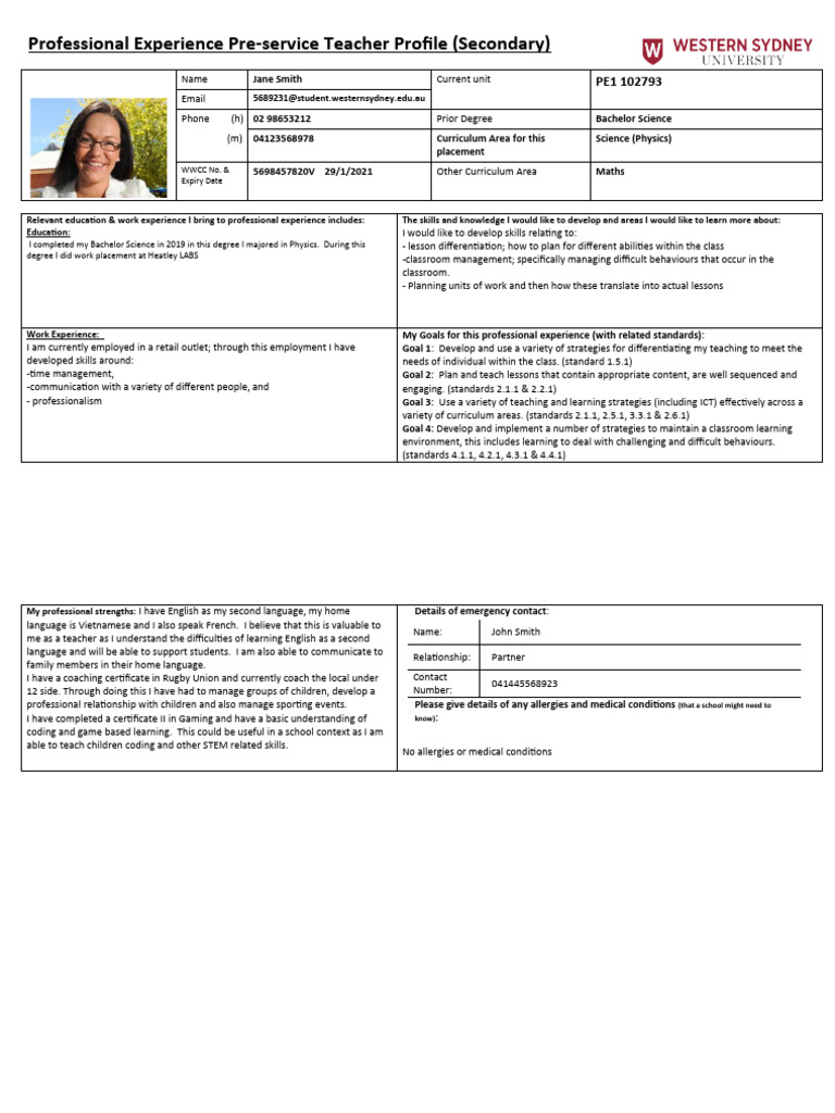 Pre-service Teacher Profile: Jane Smith | PDF