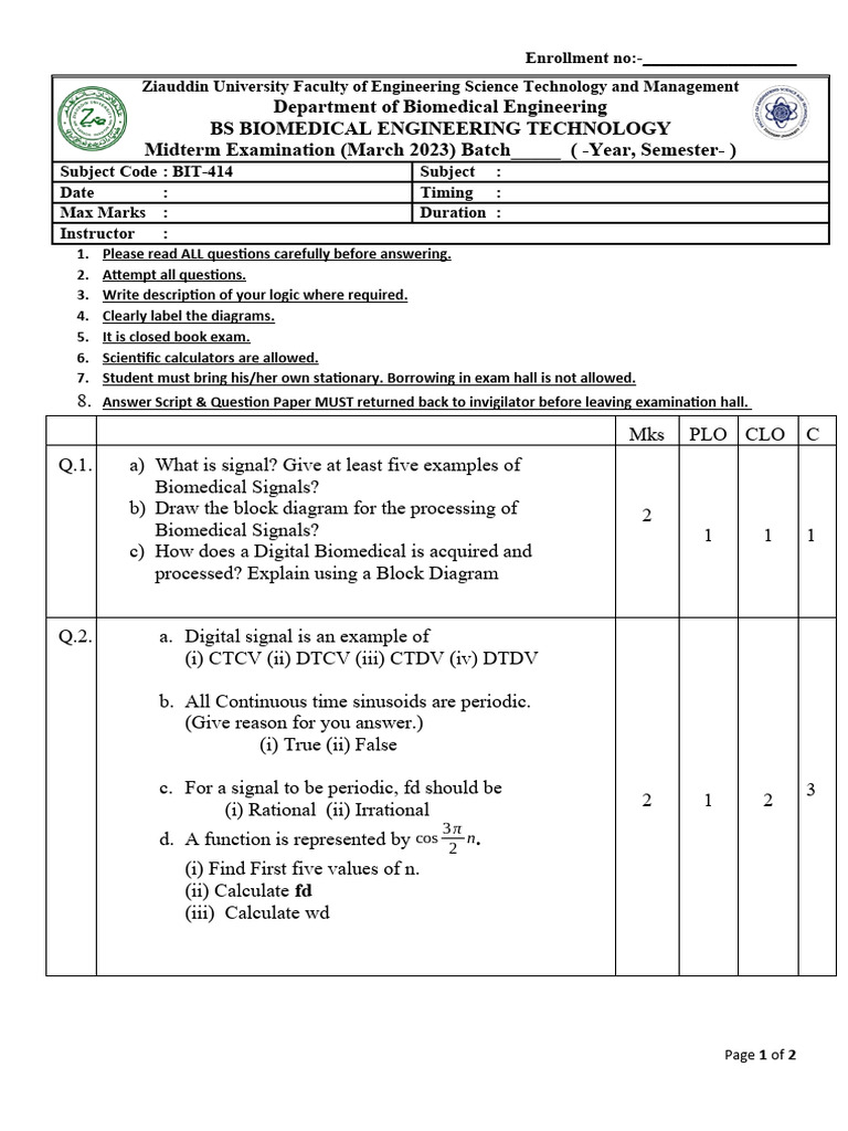 Mid Term Exam Paper BMET (Mar2023) | PDF | Signal Processing | Computer ...