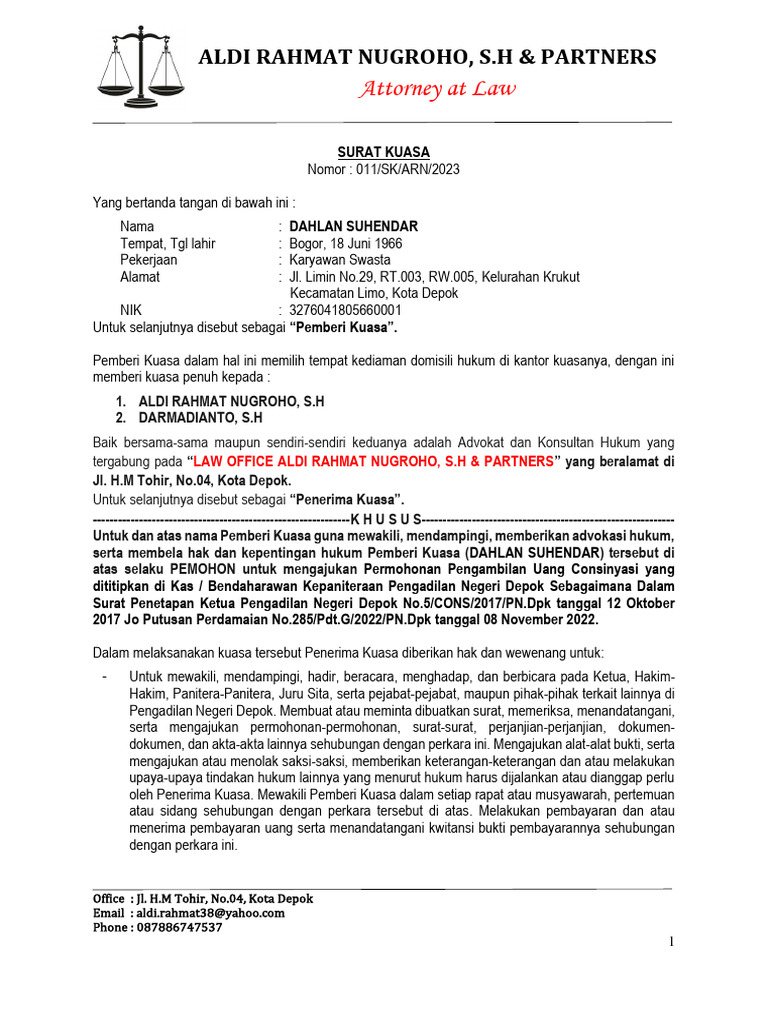 Surat Kuasa Dahlan Suhendar | PDF