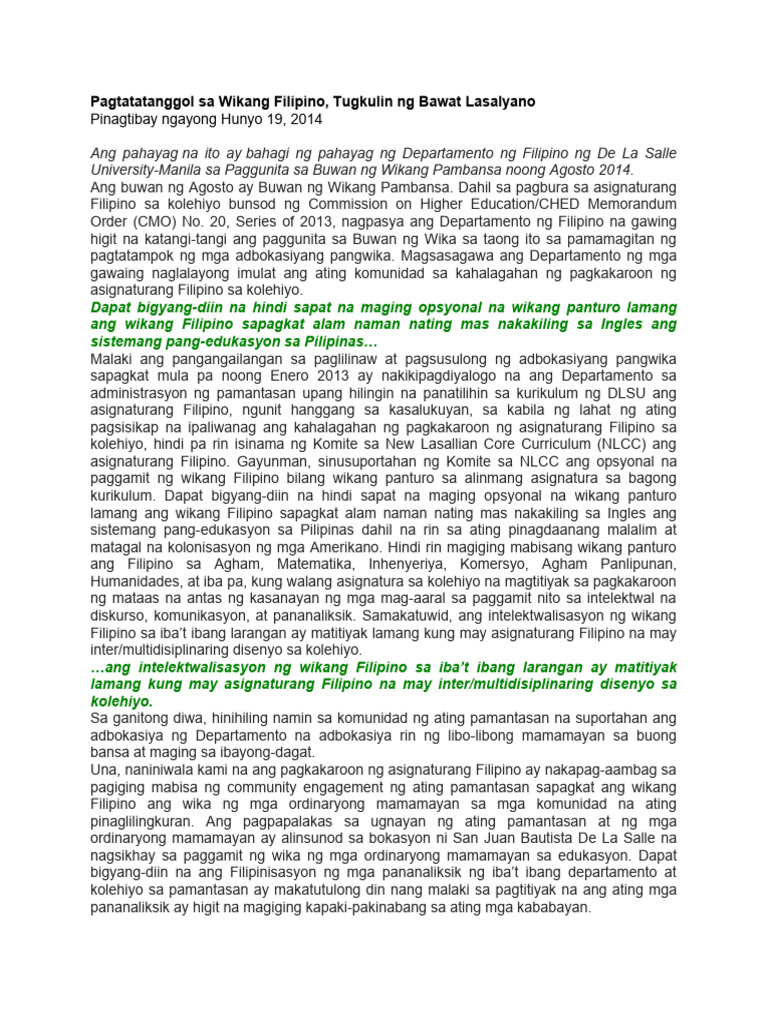 Posisyong Papel NG DLSU - Pagtatatanggol Sa Wikang Filipino, Tugkulin ...