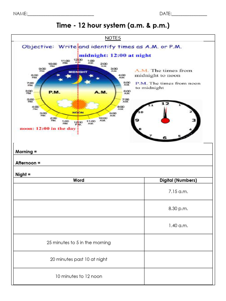 P3 - Week 38 - Time - 12 Hour System (A.m. & P.M.) | PDF