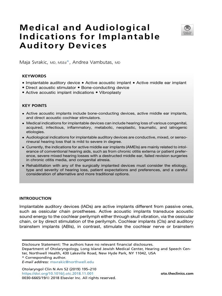 Medical and Audiological Indications For Implantable Auditory Devices | PDF