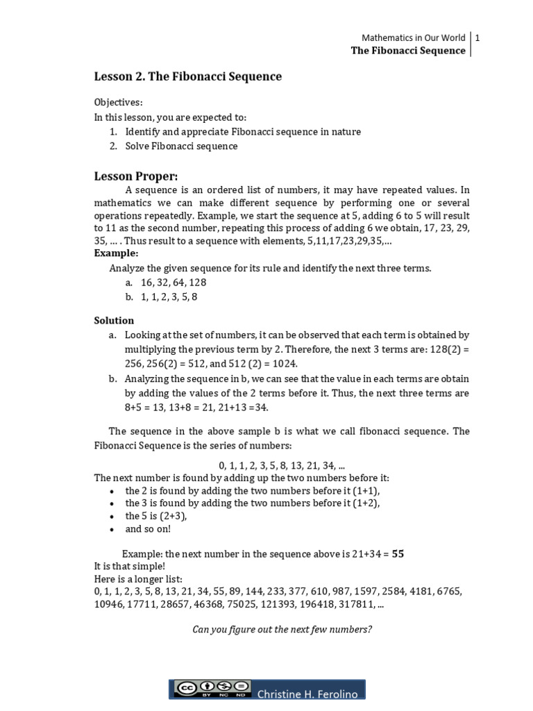 Lesson 2 Fibonacci Sequence Pdf Mathematical Concepts Mathematical Objects