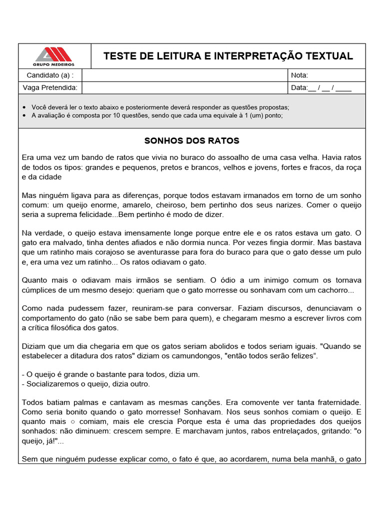 Teste de Leitura e Interpretação Textual - Revisado | PDF
