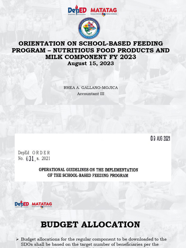08.15.2023 SBFP-Orientation | PDF | Nutrition | Diet & Nutrition