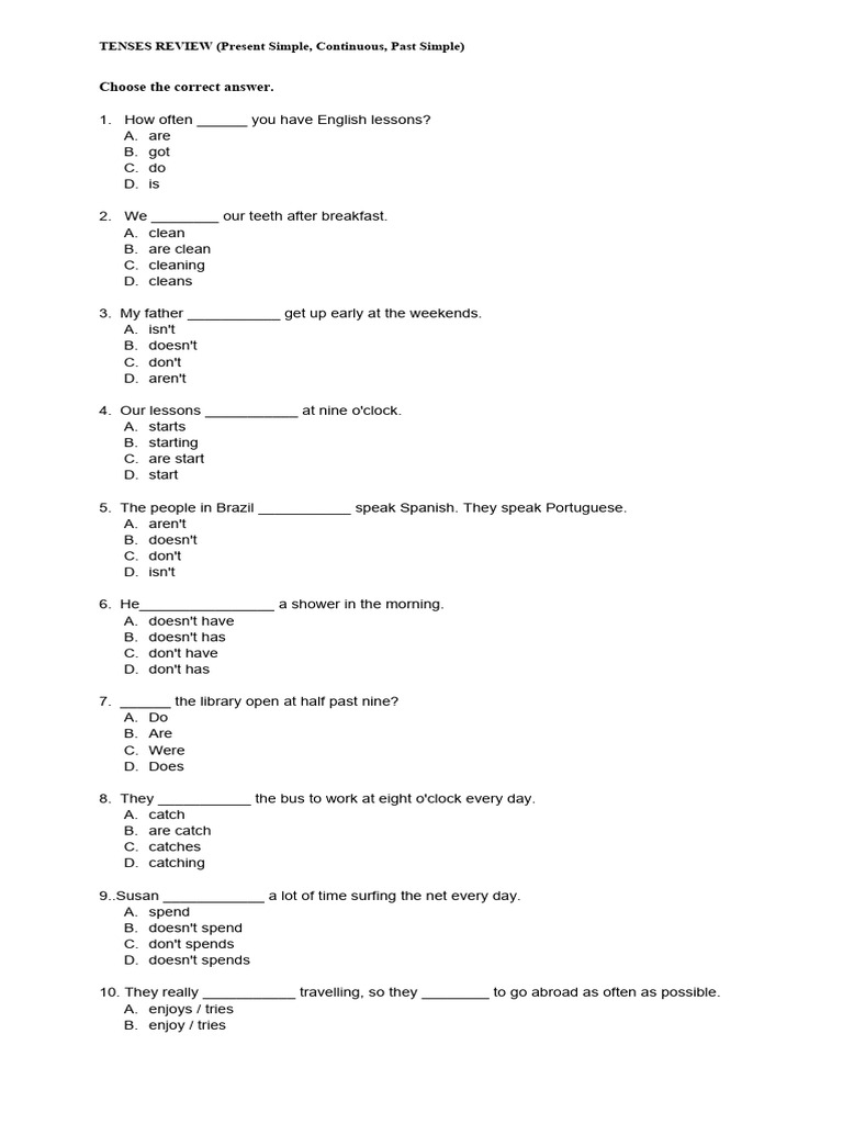 TENSES REVIEW PRESENT SIMPLE CONTINUOUS PAST SIMPLE | PDF