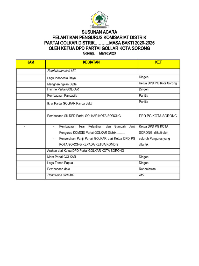 Pelantikan Pengurus Golkar Sorong 2023 | PDF