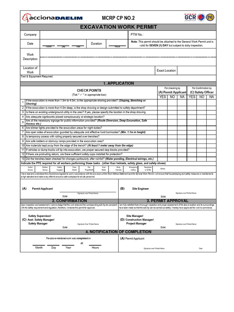 Excavation Work Permit | PDF | Trench | Personal Protective Equipment