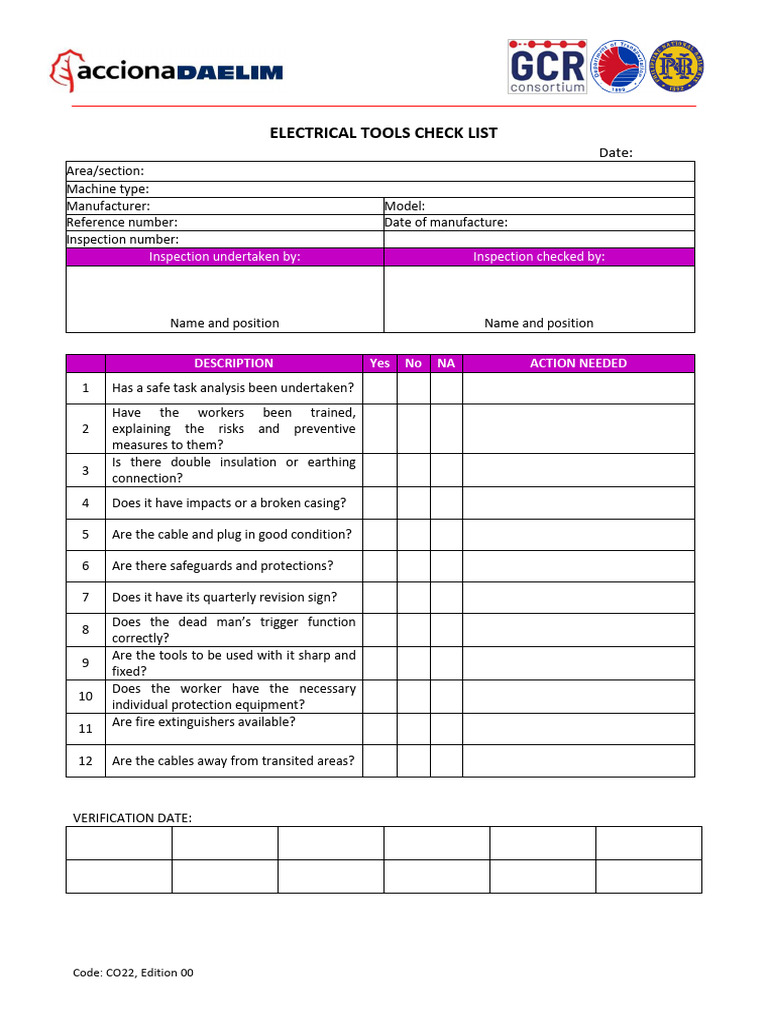 CO22 Electric Tools Check List | PDF