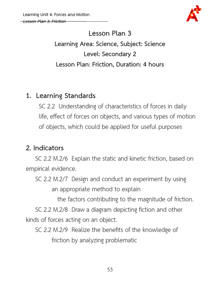 Lesson Plan 4-3 Friction | PDF | Friction | Force