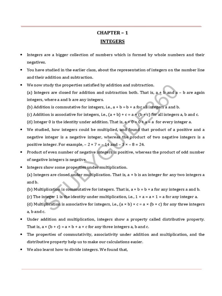 07 Maths Key Notes ch1 Integers Unlocked | PDF | Multiplication | Integer