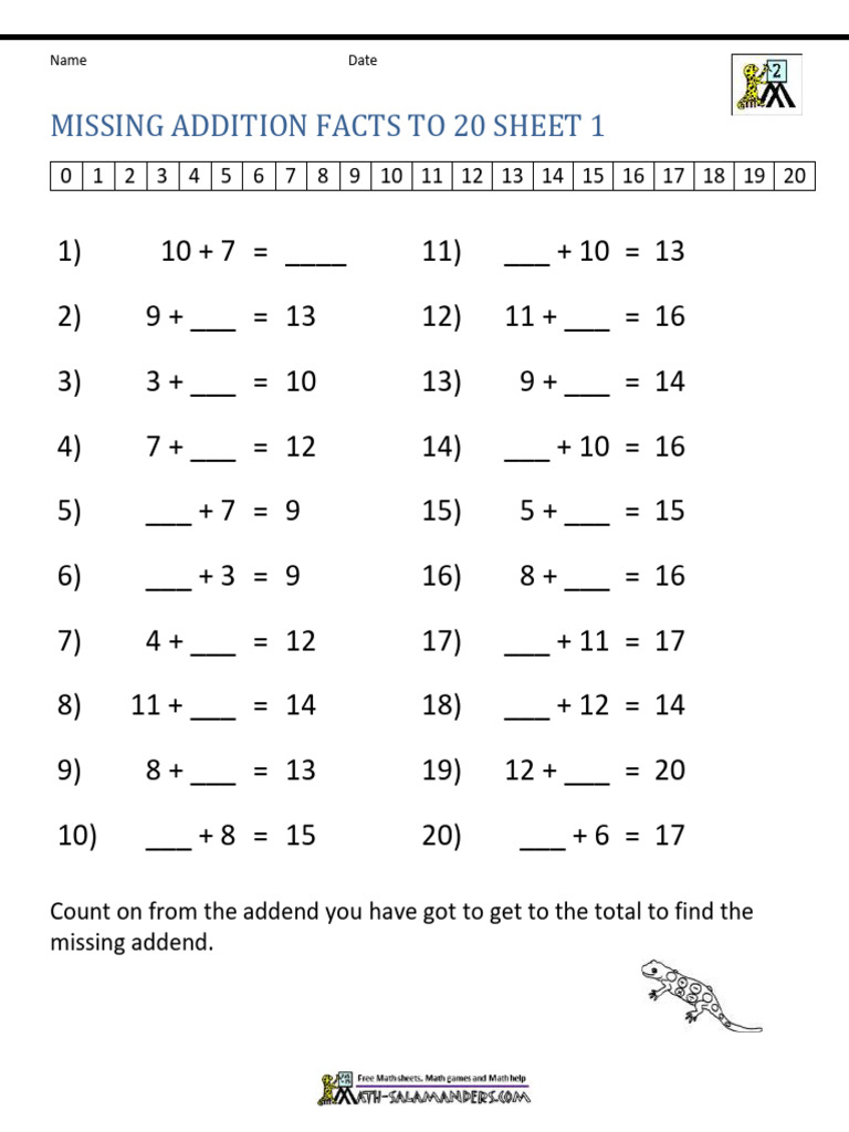 Missing Addition Facts To 20 1 | PDF | Teaching Methods & Materials ...