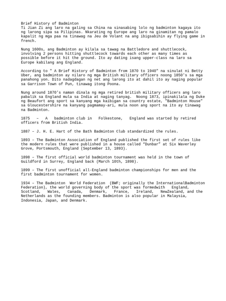 Brief History of Badminton | PDF