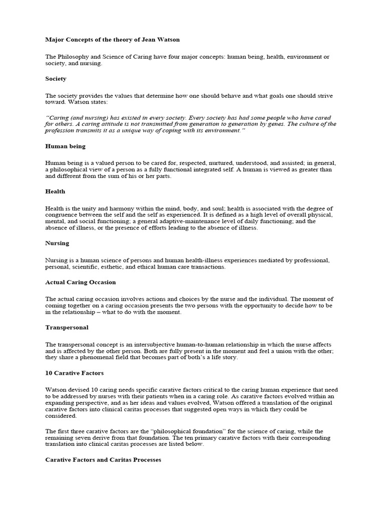 Major Concepts and The 10 Caritas of The Theory of Jean Watson | PDF ...