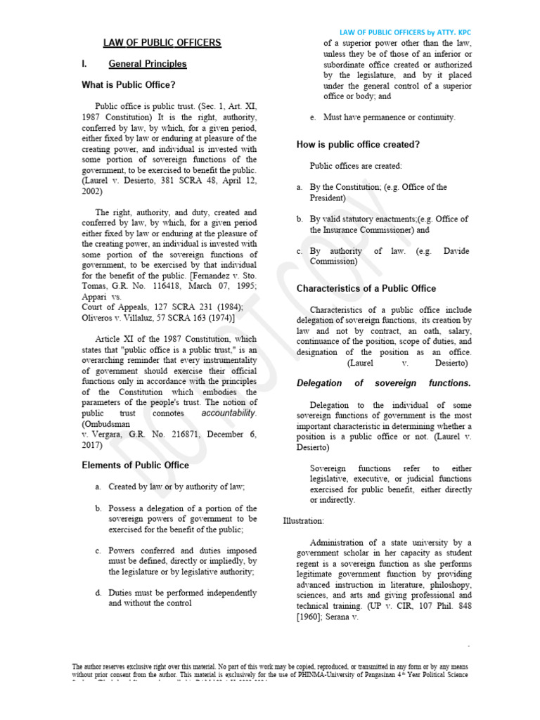 Law Of Public Officers Notes Pdf Elections Employment
