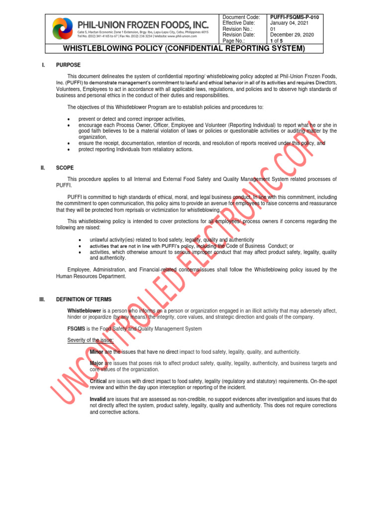Fsqms P 010 Whistleblowing Policy Confidential Reporting System Pdf